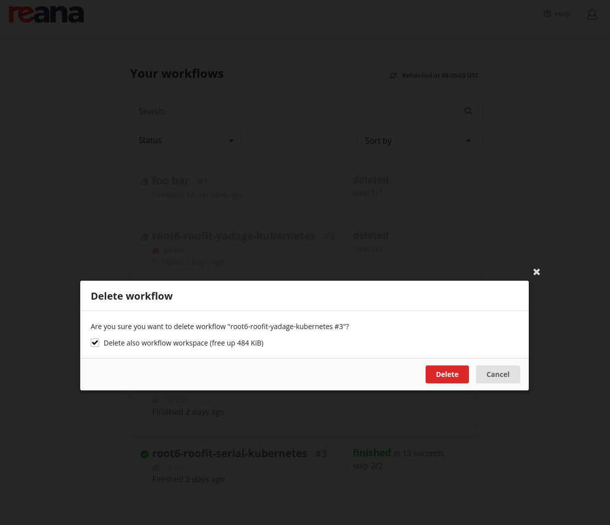 workflow deletion UI loop and freeing disk troubles · Issue #259 · reanahub/reana-ui · GitHub