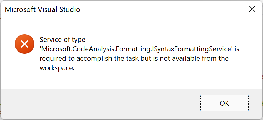 Microsoft.CodeAnalysis.Formatting.ISyntaxFormattingService is required. · Issue #13010 · dotnet ...