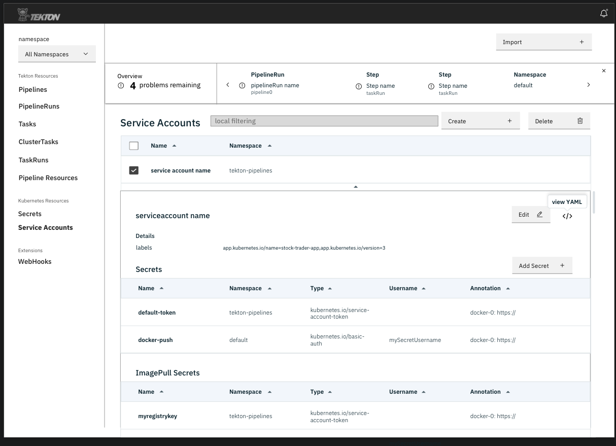 service account panelling in the UI · Issue #366 · tektoncd/dashboard · GitHub