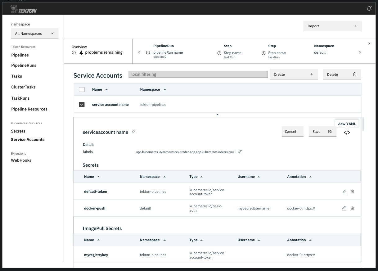 service account panelling in the UI · Issue #366 · tektoncd/dashboard · GitHub