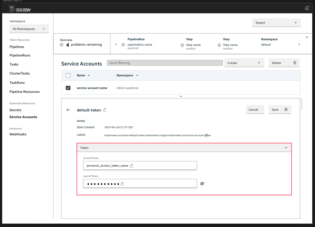 service account panelling in the UI · Issue #366 · tektoncd/dashboard · GitHub