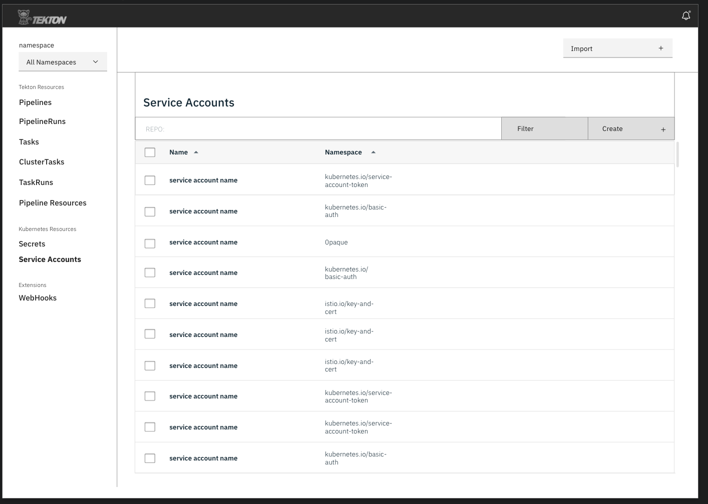 service account panelling in the UI · Issue #366 · tektoncd/dashboard · GitHub