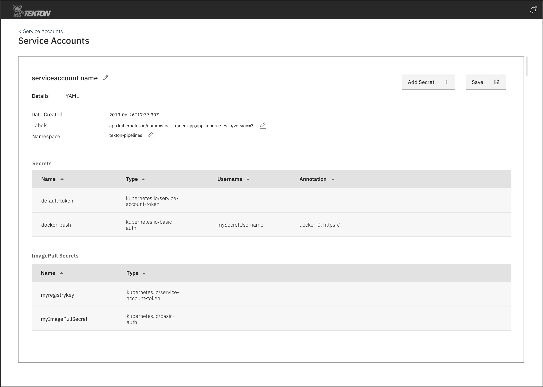service account panelling in the UI · Issue #366 · tektoncd/dashboard · GitHub