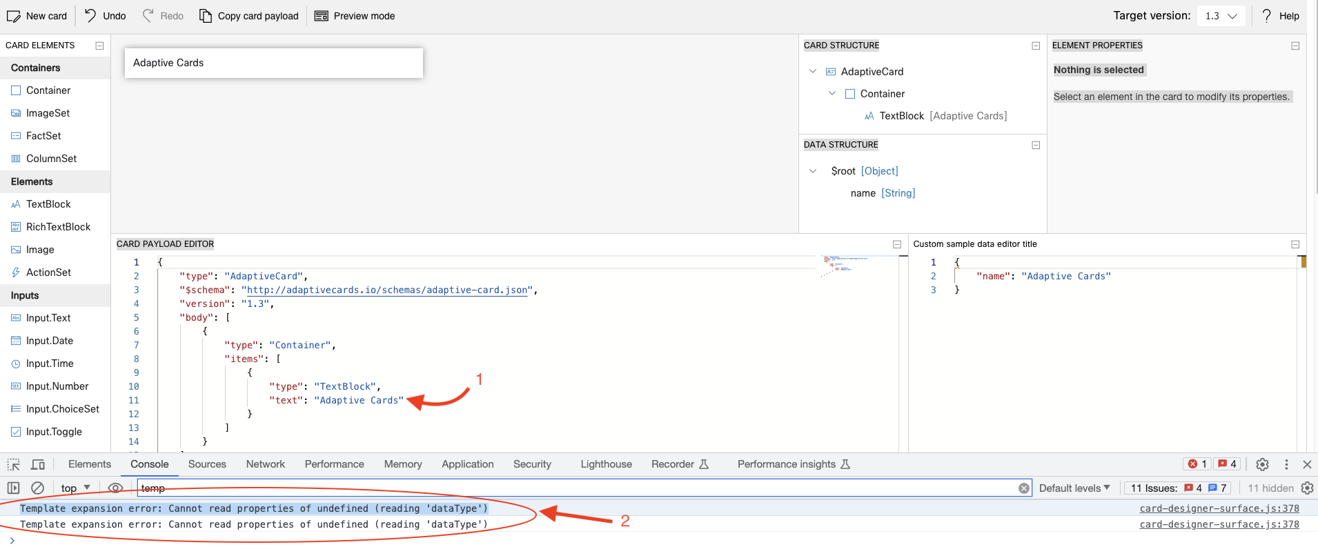 [Designer] data binding and templating not working in card payload editor. · Issue #8640 ...