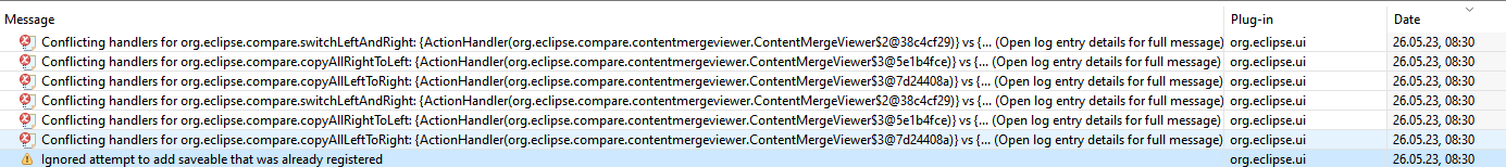 unknown saveable // IllegalStateException: Conflicting handlers ContentMergeViewer removeOnHide ...