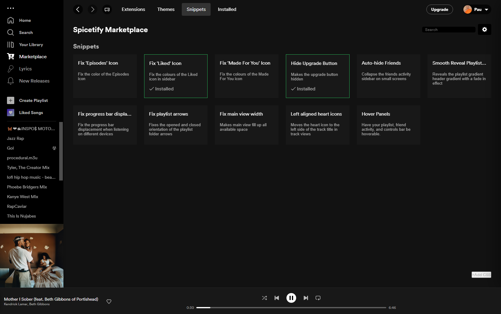 Upgrade button showing every time Spotify starts although the snippet to hide it is installed ...