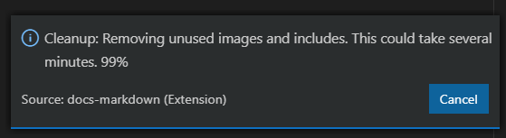 Cleanup... > Everything gets stuck at 99% · Issue #528 · microsoft/vscode-docs-authoring · GitHub