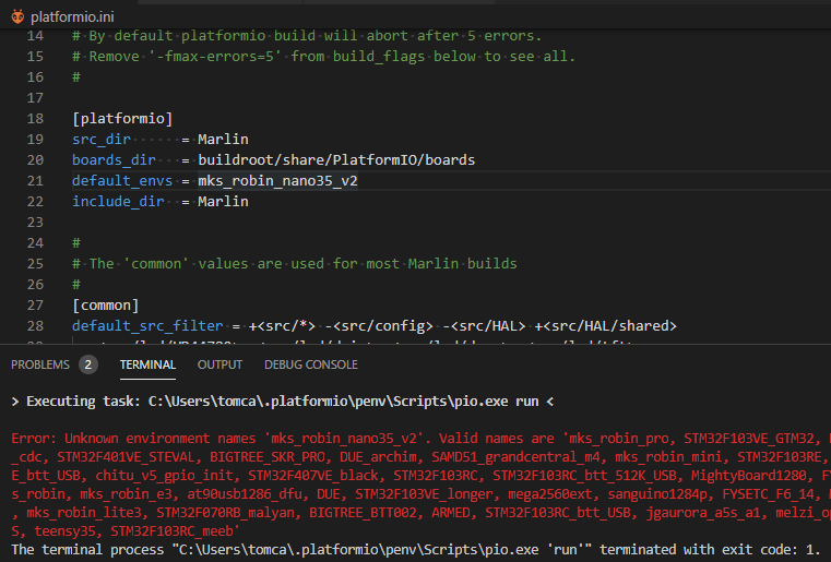 can't build FIRMWARE - Unknown environment names 'mks_robin_nano35_v2 ...