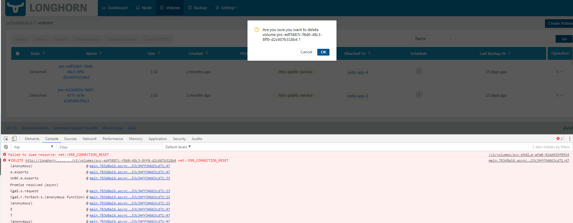 Unable to delete volume - UI · Issue #1004 · longhorn/longhorn · GitHub