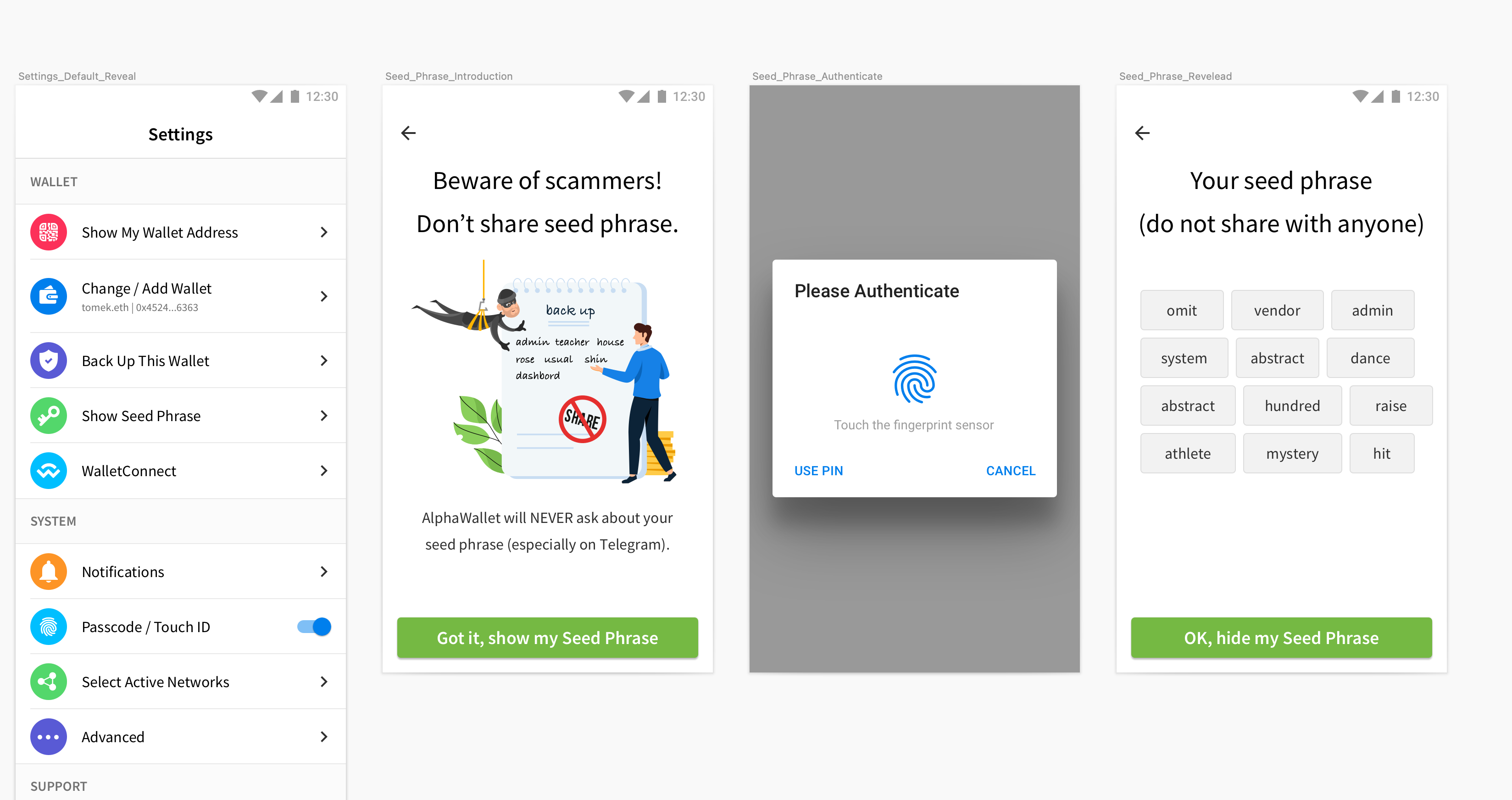Add "Show Seed Phrase" to Settings tab + Change "Backup Seed Phrase ...
