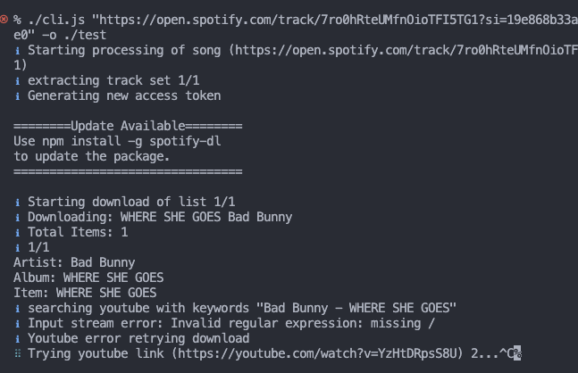 Youtube error retrying download i Input stream error: Invalid regular expression: missing ...