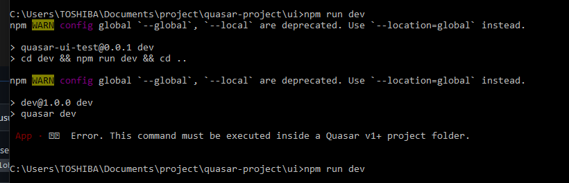 Quasar App Extension UI Kit V1 ~ Get Error : App · ⚠️ Error. This command must be executed ...
