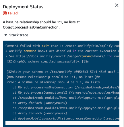 Failed: A hasOne relationship should be 1:1 · Issue #388 · aws-amplify/amplify-studio · GitHub