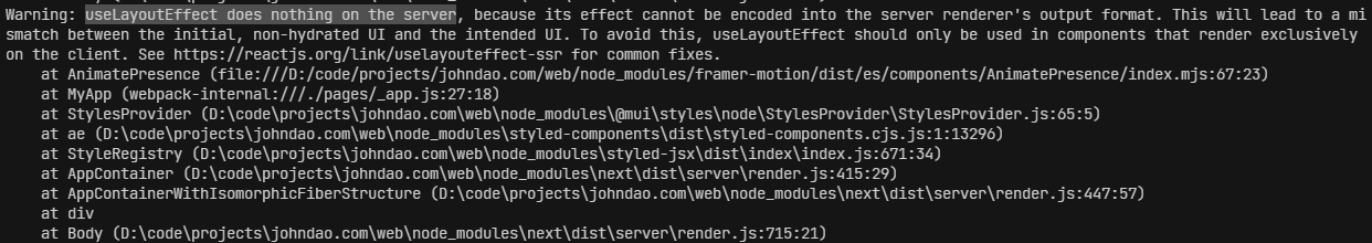 [BUG] AnimatePresense throws "useLayoutEffect does nothing on the server" warning in Next Js ...