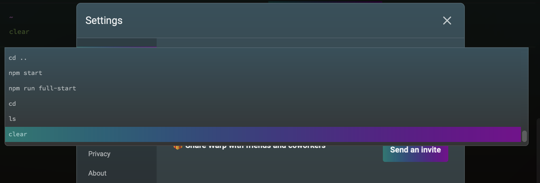 suggestion list stays open when opening setting using cmd+comma · Issue #2997 · warpdotdev/Warp ...