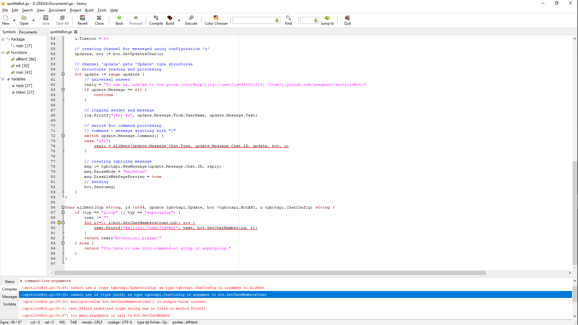 cannot use id (type int64) as type tgbotapi.ChatConfig in argument to ... cannot use id (type int64) as type tgbotapi.ChatConfig in argument to ...