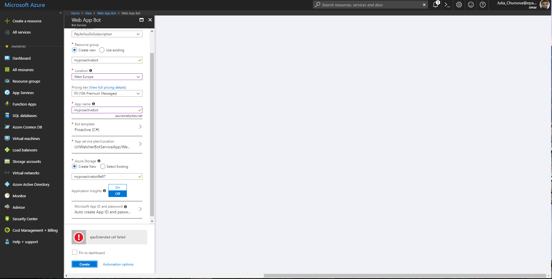 Net Sdk Azure Bot Service Error Message Ajaxextended Call Failed On Creating Bot On Azure