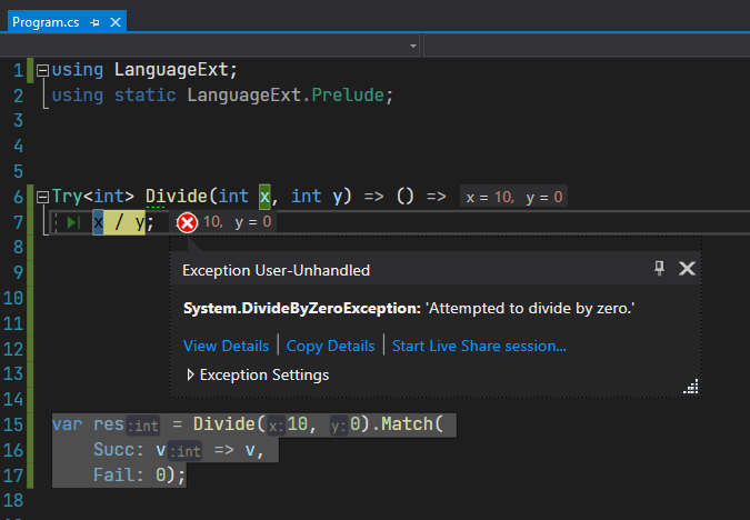 Try doesn't seem to catch errors · Issue #892 · louthy/language-ext · GitHub