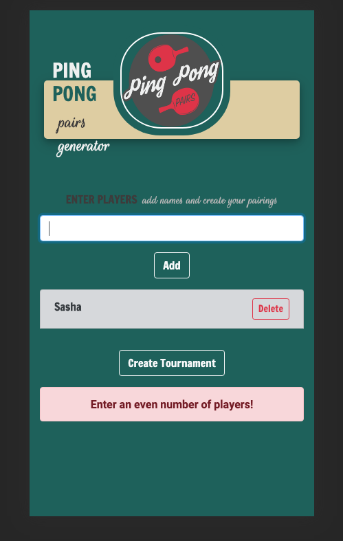 GitHub - SashaLawrence/pingpong-app: Ping Pong Pairing App built with React