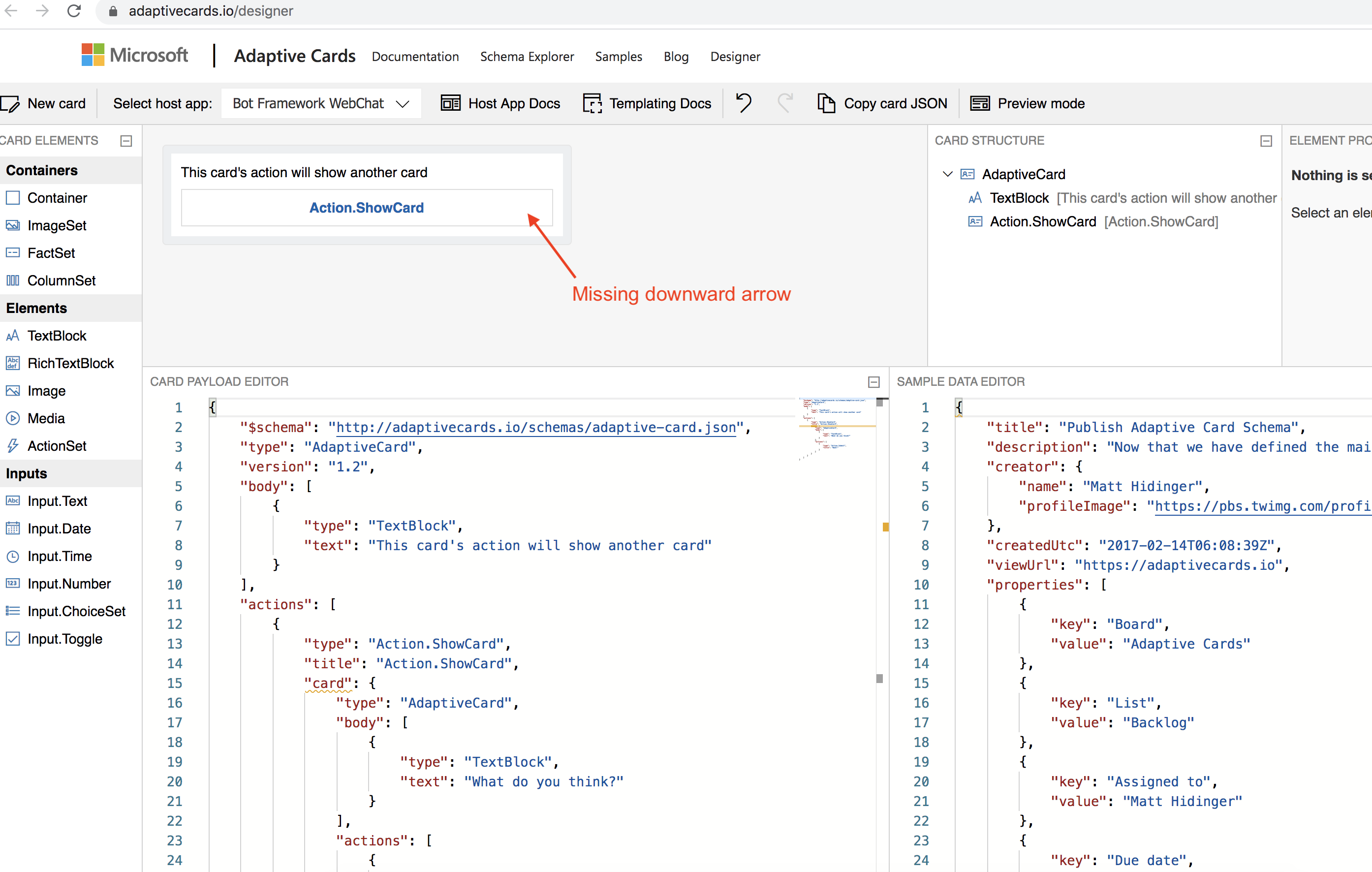 Missing downward arrow on the Action.ShowCard as shown in documentation · Issue #4588 ...