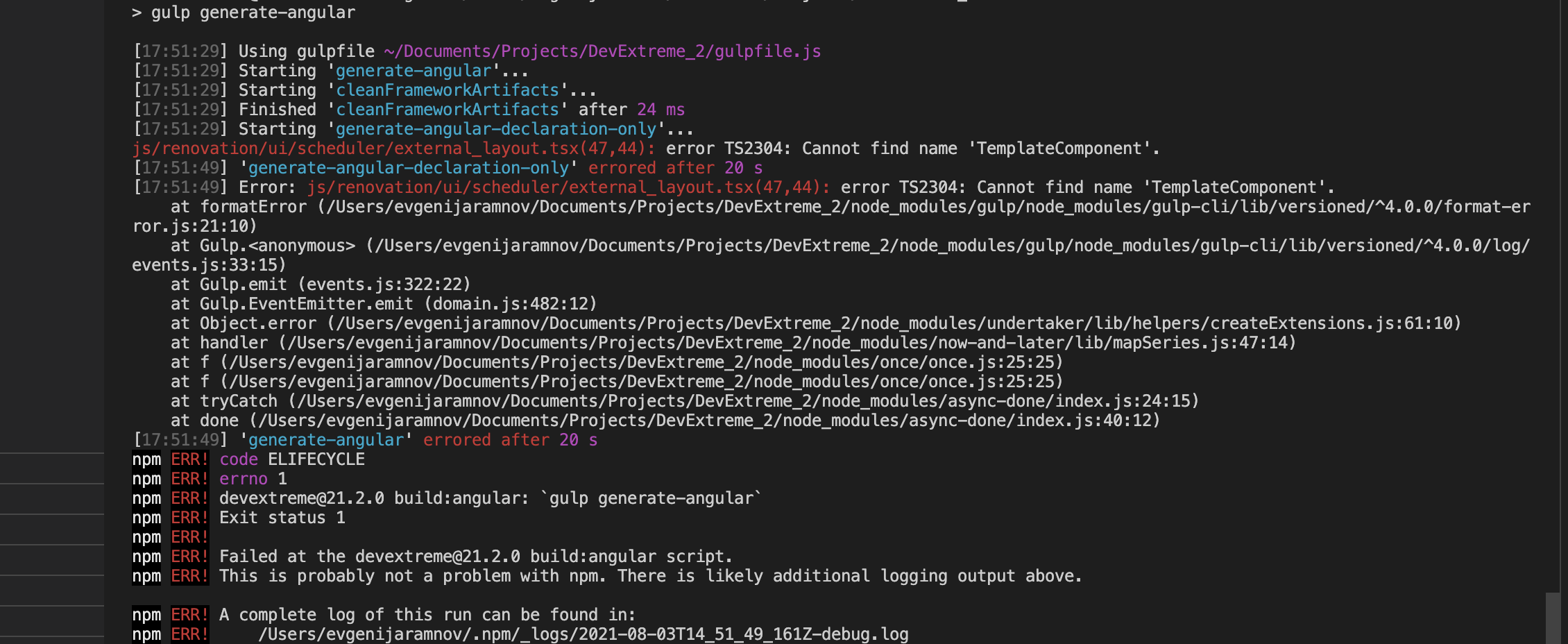 Angular generation fails when default templates are used inside a ...