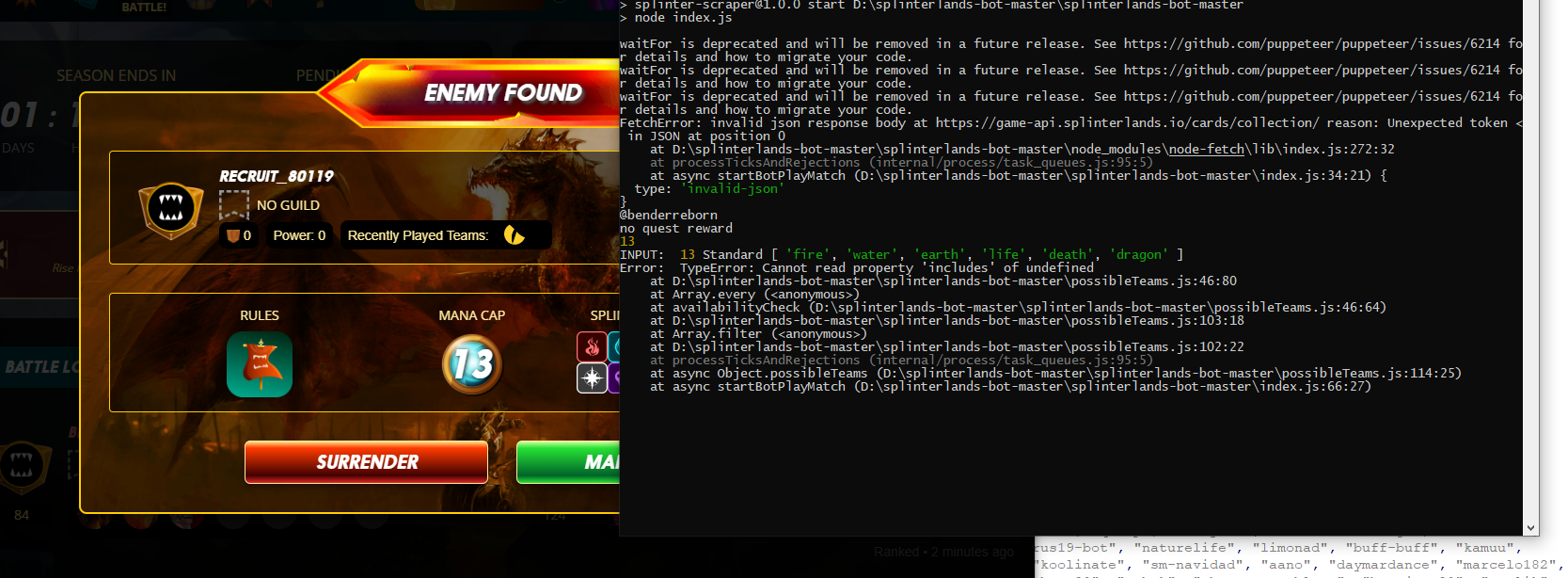 bot stops · Issue #5 · alfficcadenti/splinterlands-bot · GitHub