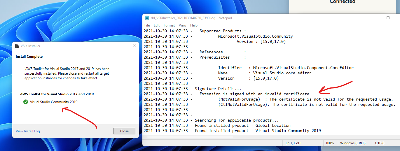 Cannot install extension vsix on Visual Studio 2019. Invalid certificate · Issue #191 · aws/aws ...