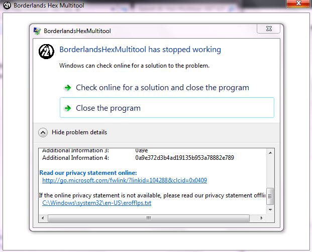 "BorderlandsHexMultitool.exe has stopped working" · Issue #25 · c0dycode/Borderlands-Hex ...