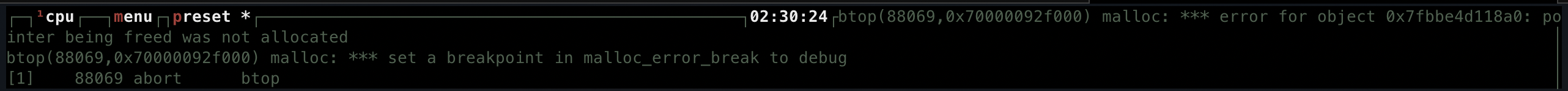 [BUG] btop crashed: pointer being freed was not allocated · Issue #316 · aristocratos/btop · GitHub