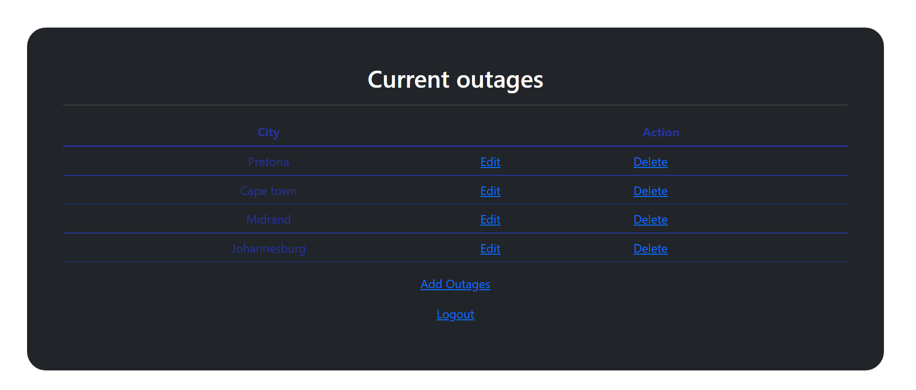 GitHub - Tshepo-14/Outage-system: Outage system to show which places have a link outage