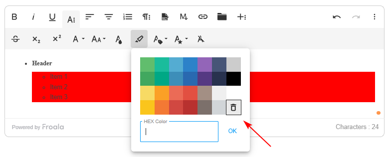 Background color reset button does not always reset background color (at least in an UL element ...