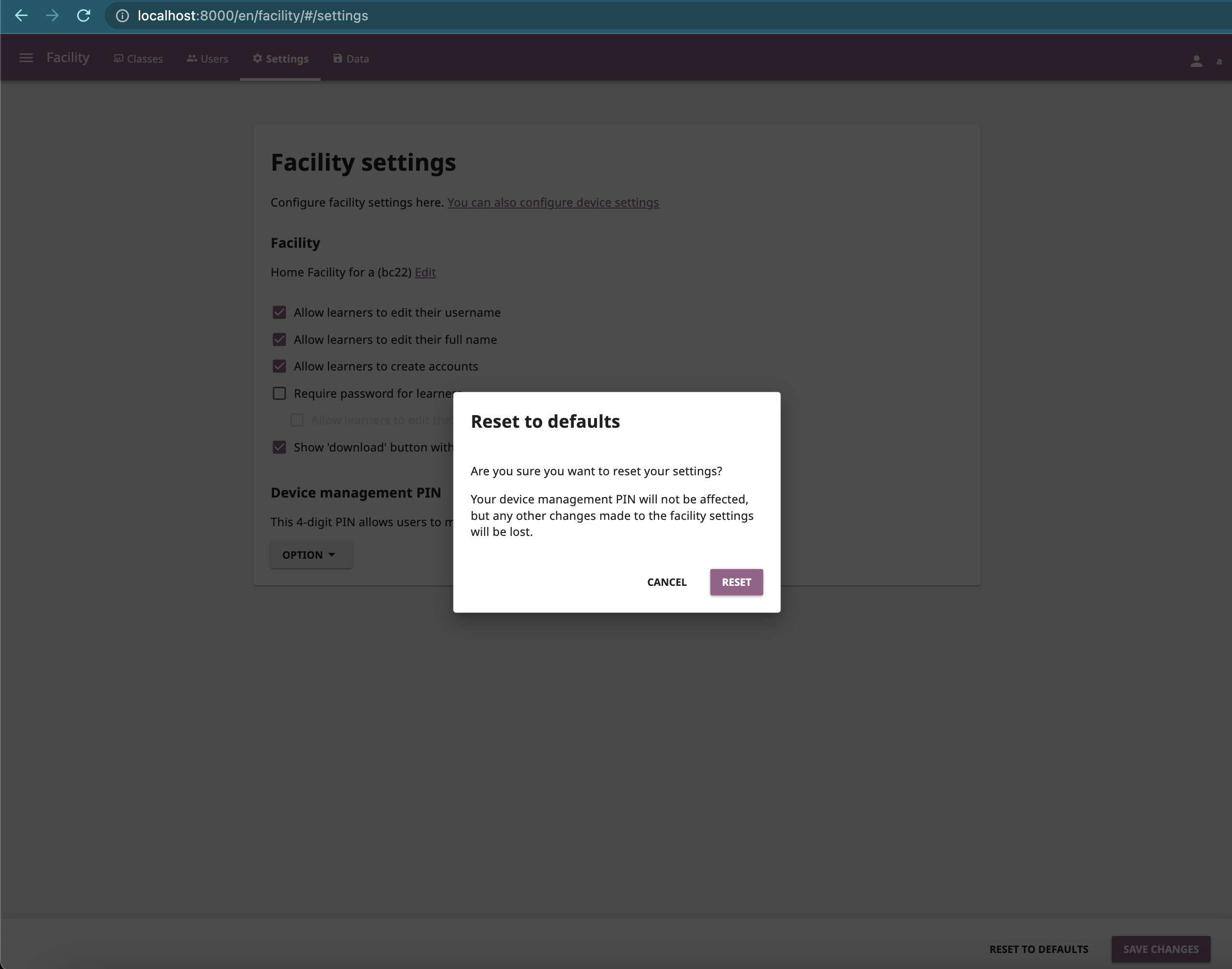 Device Management Pin Missing Modal Indicating That The Pin Will Not Be Affected · Issue