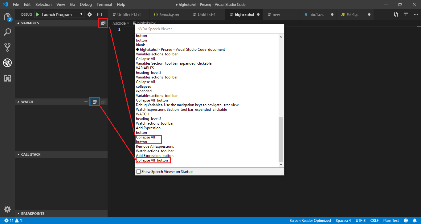 A11y_VSCode_SidebarBarOptions_AccessingTheDebugsidebaroptions_ScreenReader: Identical names ...