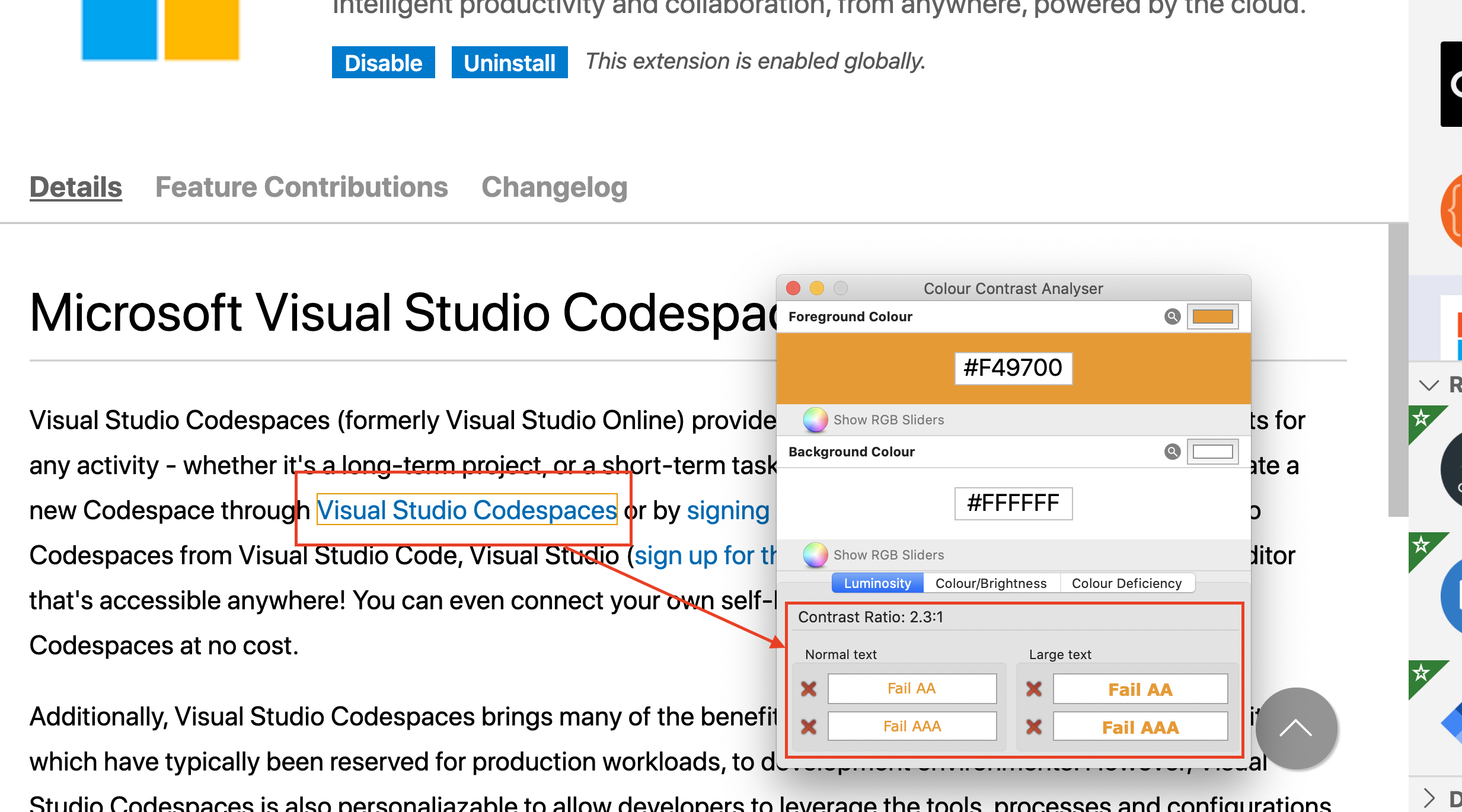 The color contrast ratio of keyboard focus present on several controls such as "Visual Studio ...