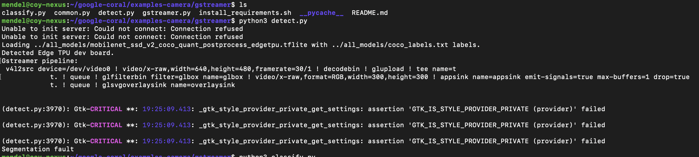 Segmentation Fault using gstreamer for both classify.py and detect.py · Issue #41 · google-coral ...
