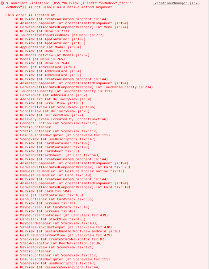 Invariant Violation: [855,"RCTView",{"left":" ","top":" "}] is not usable as a native method ...