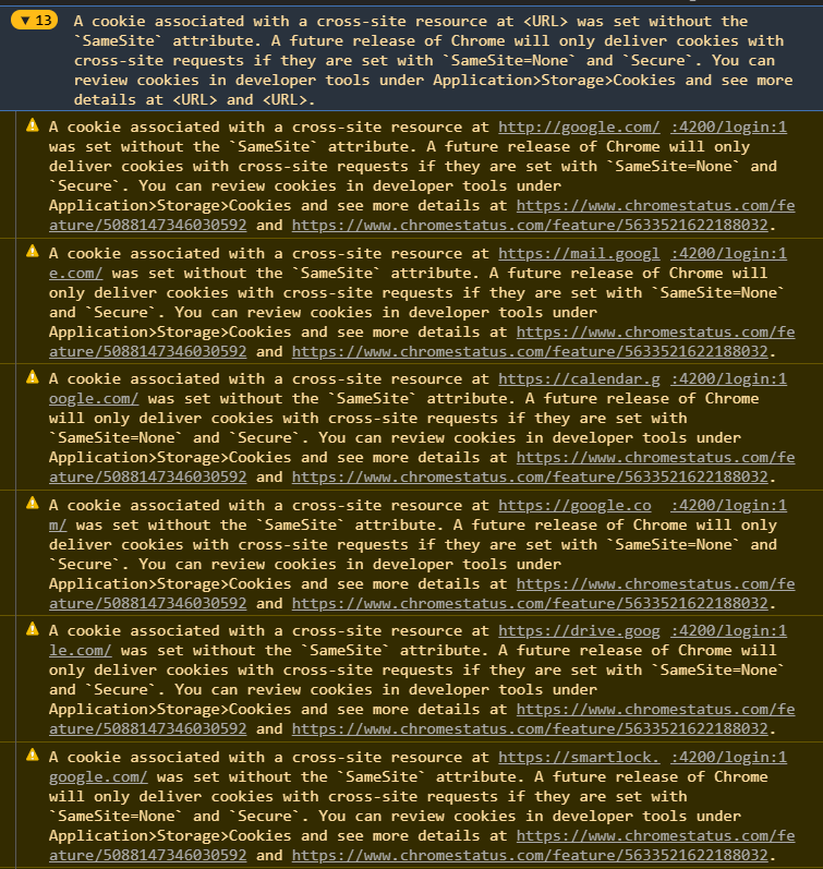 A cookie associated with a cross-site resource at was set without the `SameSite` attribute ...