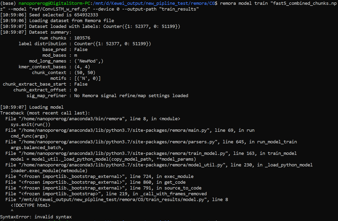 "invalid syntax" when running model train · Issue #65 · nanoporetech/remora · GitHub