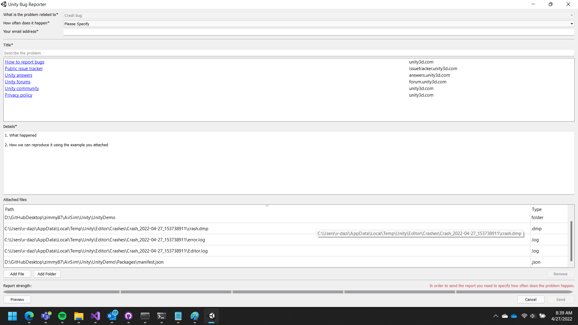 Unity crashes when I hit play for any demo · Issue #4493 · microsoft/AirSim · GitHub