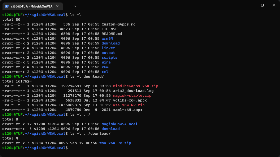 Download folder with wsa-x64.zip is created in the parent directory ...