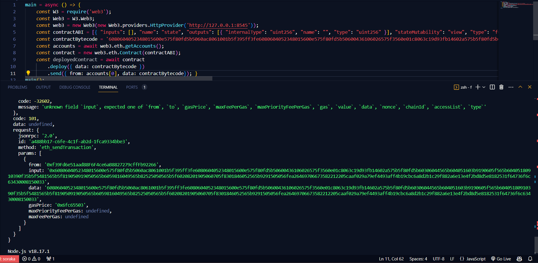 getting error when trying to deploy a contract InvalidResponseError: Returned error: unknown ...