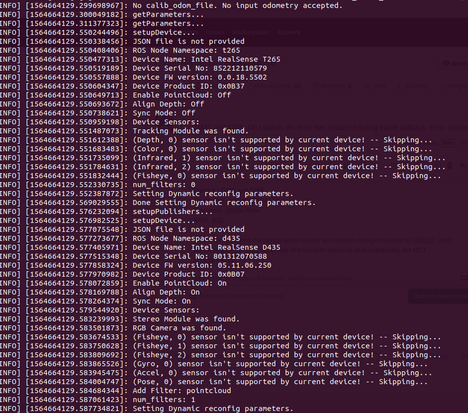 Issue with Realsense D435 and T265 On Launch :An error has occurred ...