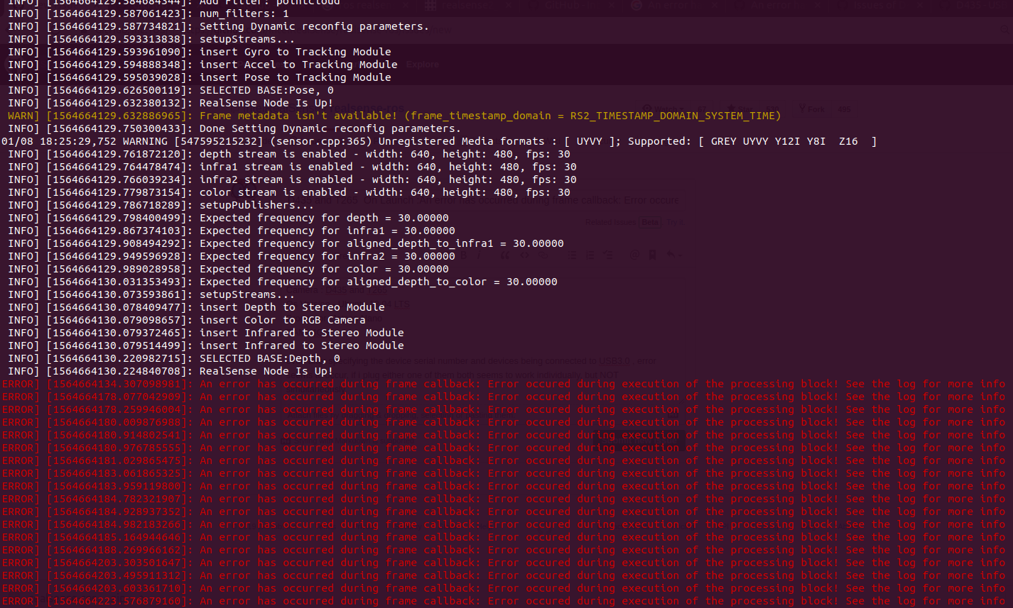 Issue with Realsense D435 and T265 On Launch :An error has occurred during frame callback: Error ...