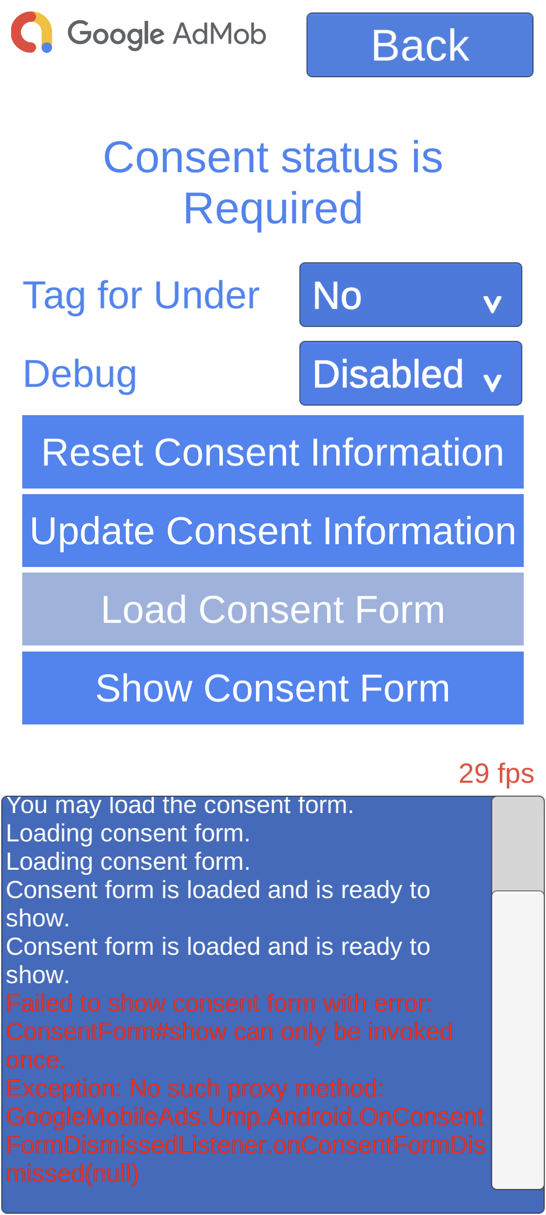 No such proxy method: GoogleMobileAds.Ump.Android.OnConsentFormDismissedListener ...