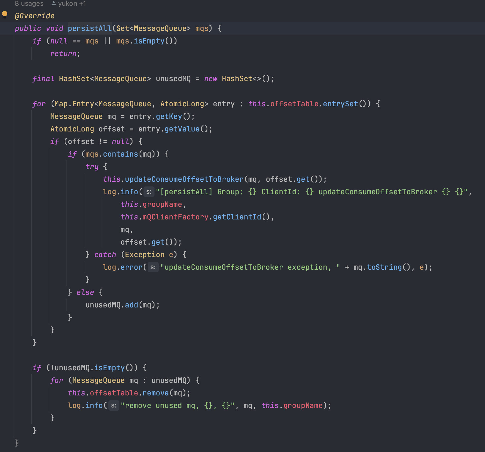 Code comments of updateConsumeOffset() should be corrected · Issue #7489 · apache/rocketmq · GitHub