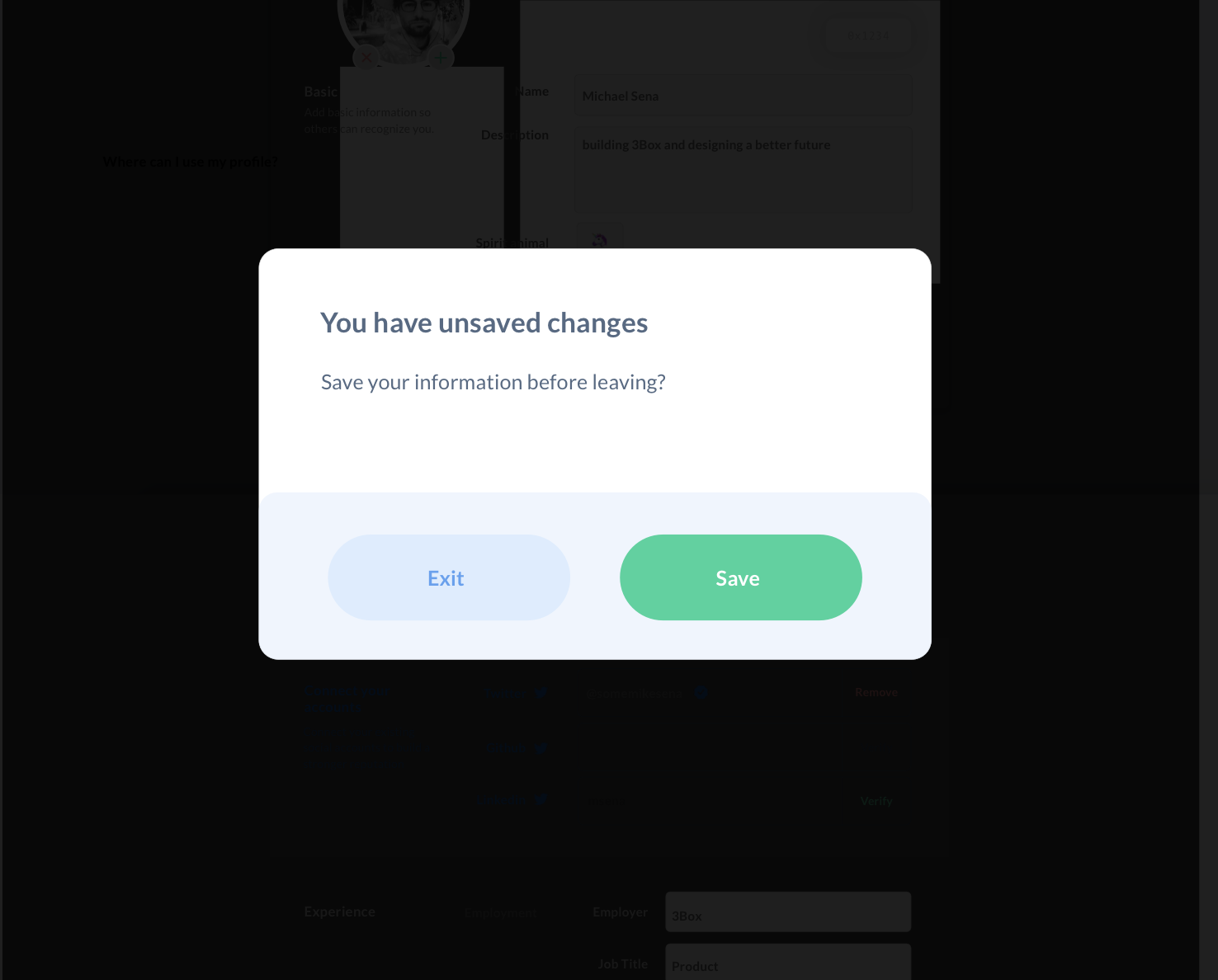 "Leave Without Saving Changes?" Modal · Issue #162 · 3box/3box-dapp · GitHub
