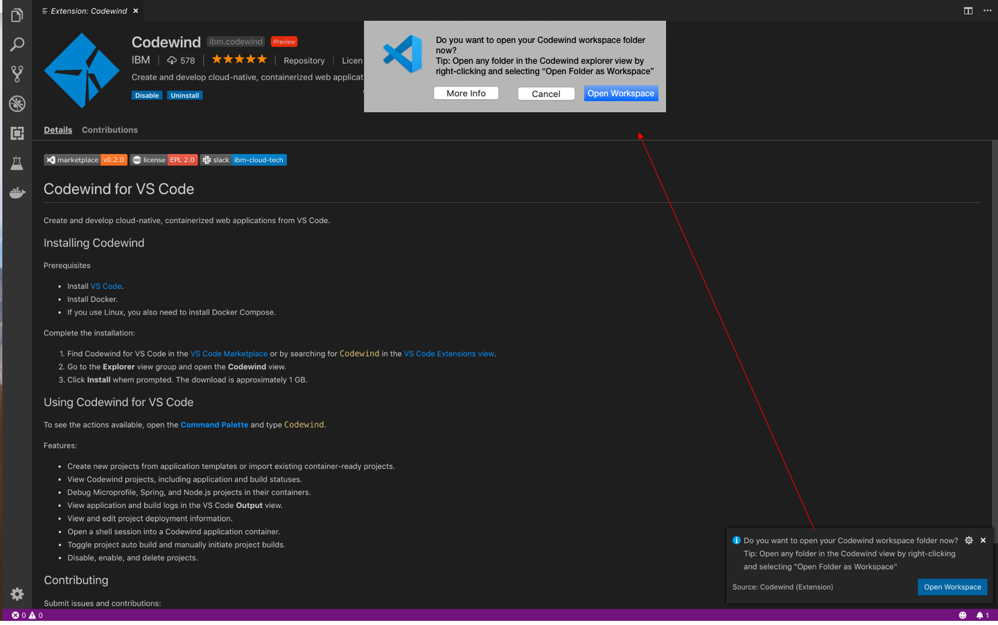 Permanent & More Obvious "Open Workspace" Notification · Issue #152 · eclipse-archived/codewind ...