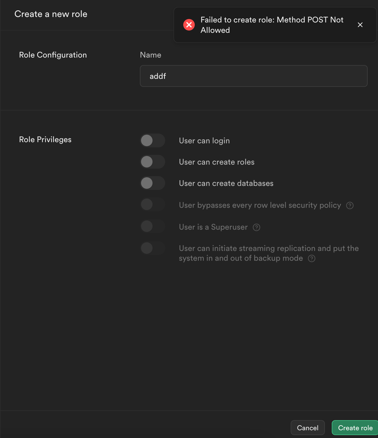 Local dev: Failed to create role: Method POST Not Allowed · Issue #16723 · supabase/supabase ...