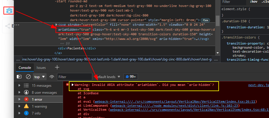 "Warning: Invalid ARIA attribute `ariaHidden`. Did you mean `aria-hidden`?" when using ...