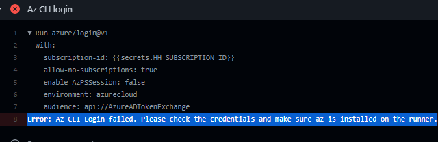Error: Az CLI Login failed. Please check the credentials and make sure az is installed on the ...